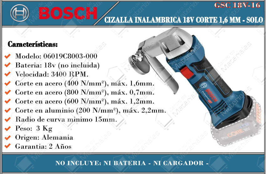 Bosch Cizalla 18v Gsc18v-16 Sin Bateria - Sin Cargador - Centro de Materiales